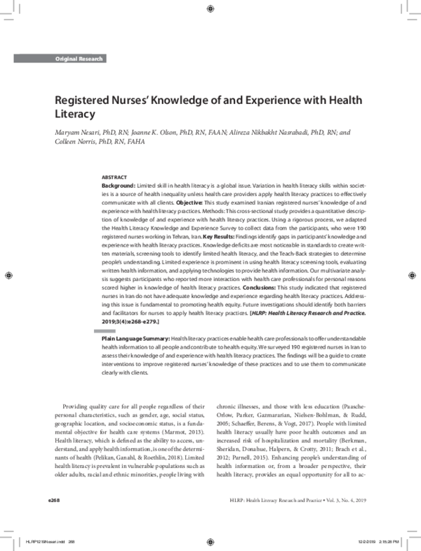 (PDF) Registered Nurses' Knowledge of and Experience with Health Literacy