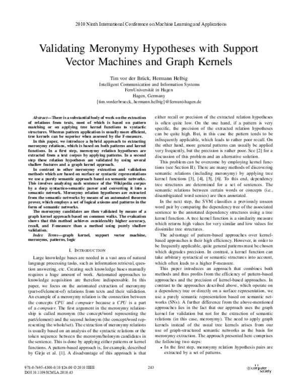 (PDF) Validating Meronymy Hypotheses with Support Vector Machines and Graph Kernels