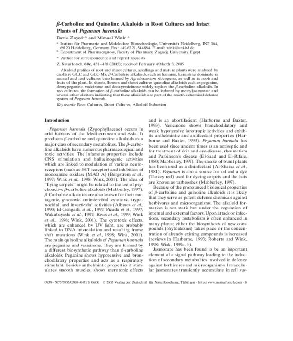 (PDF) β-Carboline and Quinoline Alkaloids in Root Cultures and Intact ...