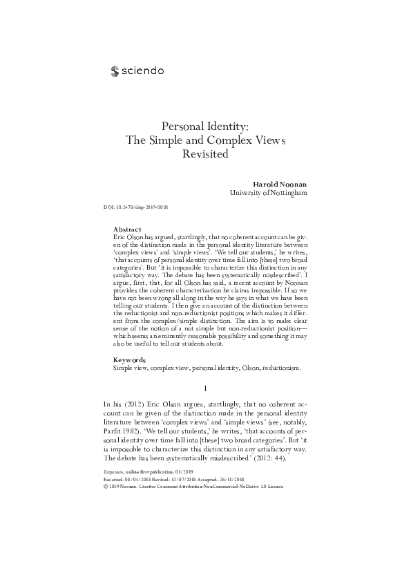 (PDF) Personal Identity: The Simple and Complex Views Revisited