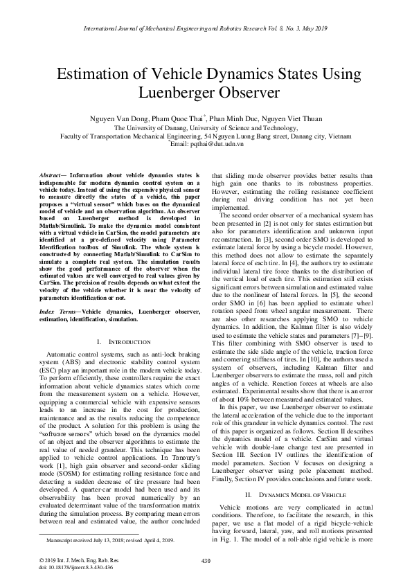 Pdf Estimation Of Vehicle Dynamics States Using Luenberger Observer