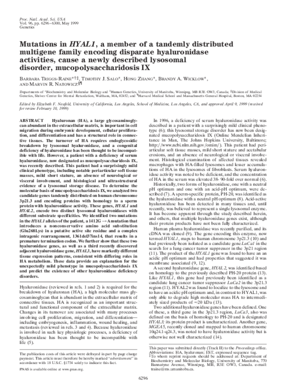 (PDF) Mutations in HYAL1, a member of a tandemly distributed multigene ...