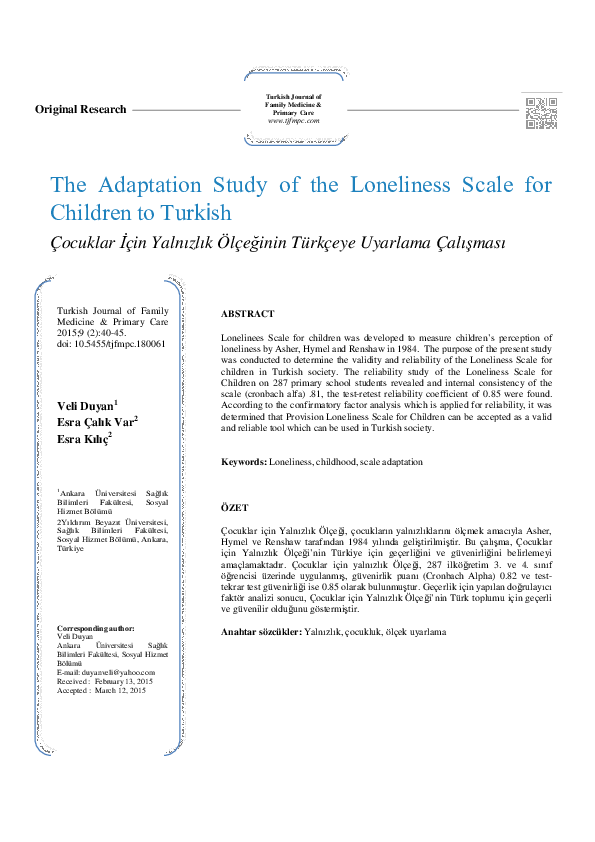 (PDF) The Adaptation Study of the Loneliness Scale for Children to Turkish