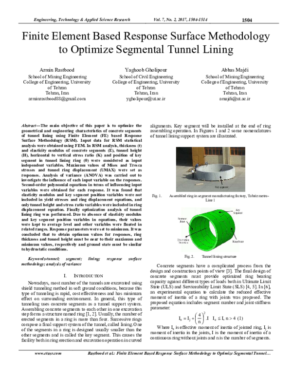 (PDF) Finite Element Based Response Surface Methodology to Optimize Segmental Tunnel Lining