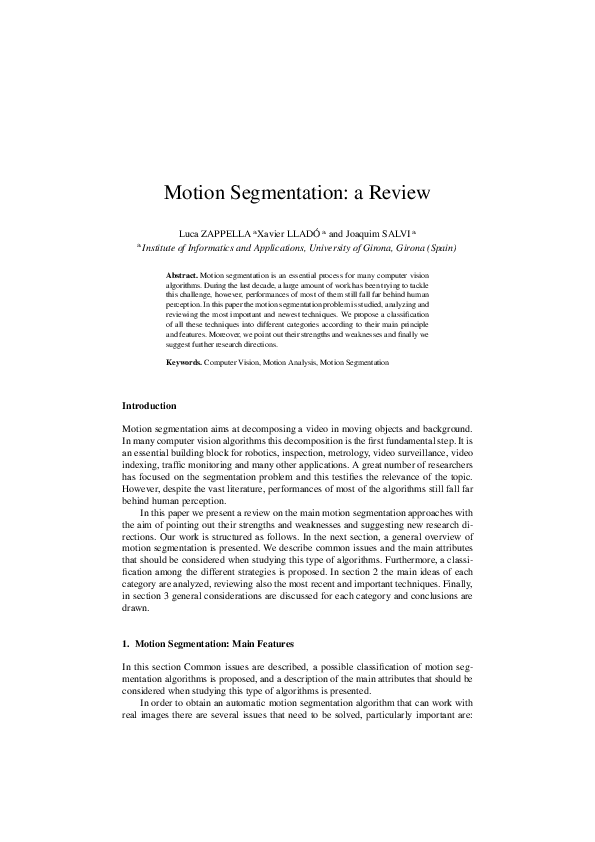 (PDF) Motion segmentation: A review