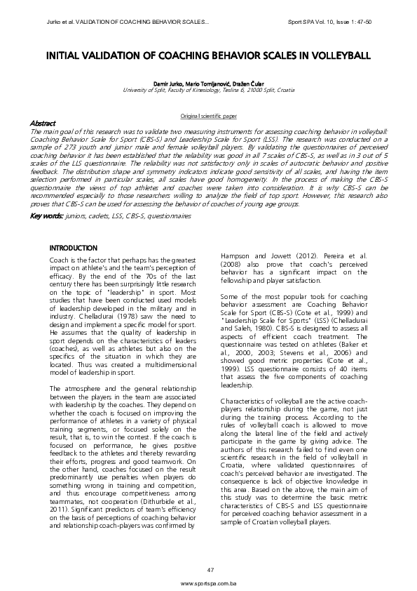 (PDF) Initial validation of coaching behavior scales in volleyball