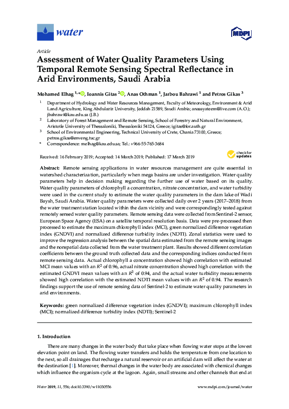(PDF) Assessment of Water Quality Parameters Using Temporal Remote ...