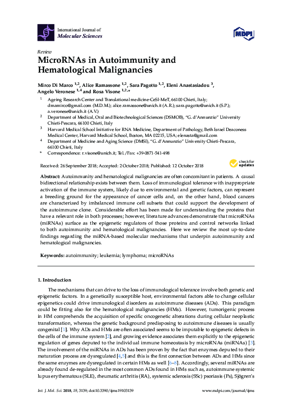 (PDF) MicroRNAs in Autoimmunity and Hematological Malignancies