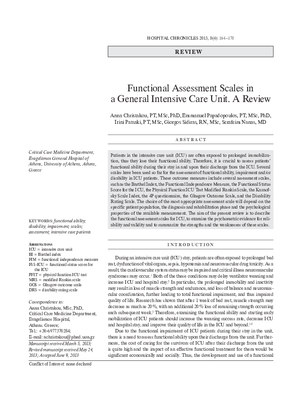 (PDF) Functional Assessment Scales in a General Intensive Care Unit. A ...