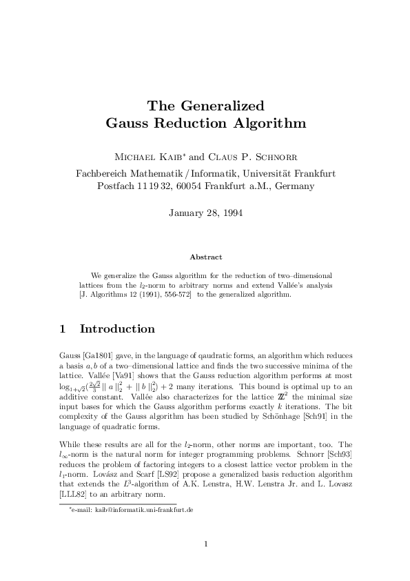 (PDF) Generalized Gauss Algorithm for Lattice Reduction