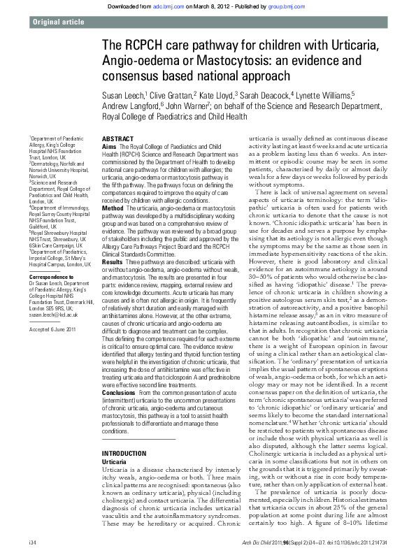 (PDF) The RCPCH care pathway for children with Urticaria, Angio-oedema ...