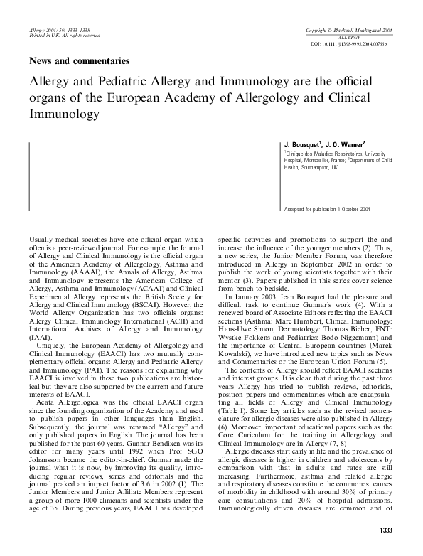 (PDF) Allergy and Pediatric Allergy and Immunology are the official ...