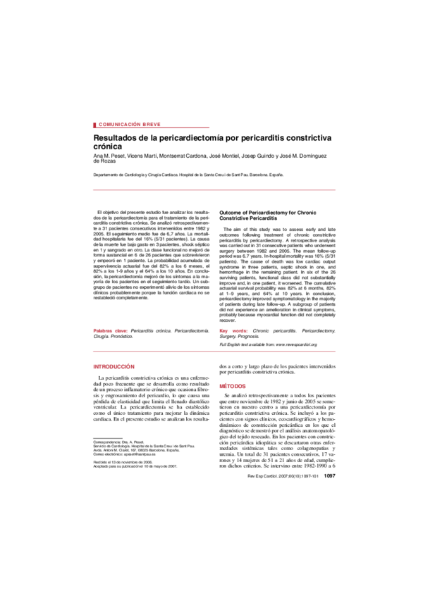 (PDF) Resultados de la pericardiectomía por pericarditis constrictiva crónica