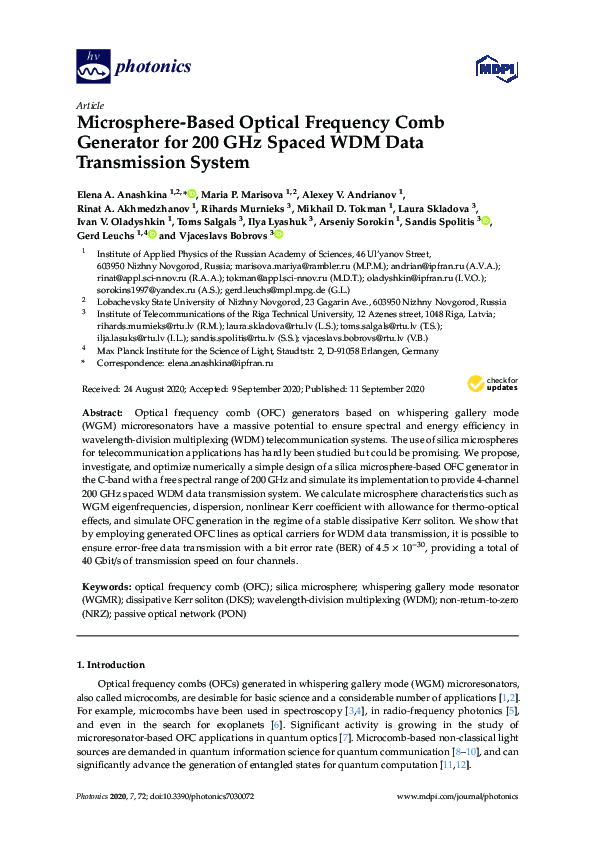 (PDF) Microsphere-Based Optical Frequency Comb Generator for 200 GHz ...