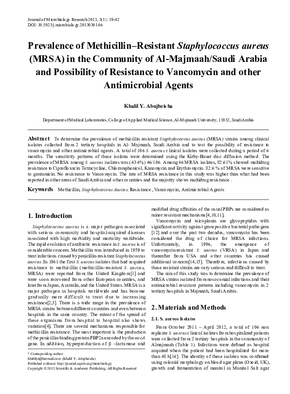 (PDF) Prevalence of methicillin-resistant Staphylococcus aureus and its antibiotic ...