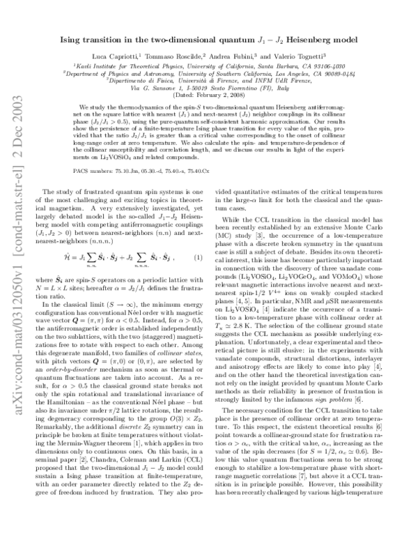 (PDF) Ising Transition in the Two-Dimensional Quantum J1-J2 Heisenberg Model