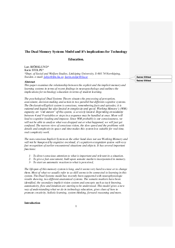 (PDF) The Dual Memory Systems Model and it's implications for ...