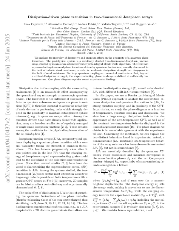 (PDF) Dissipation-Driven Phase Transition in Two-Dimensional Josephson ...
