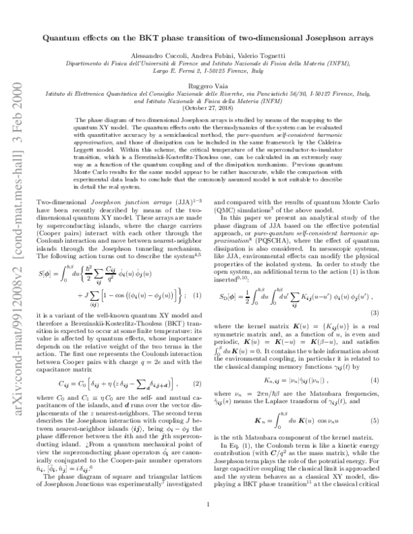 (PDF) Quantum effects on the BKT phase transition of two-dimensional Josephson arrays