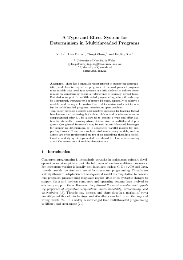 (PDF) A Type and Effect System for Determinism in Multithreaded Programs