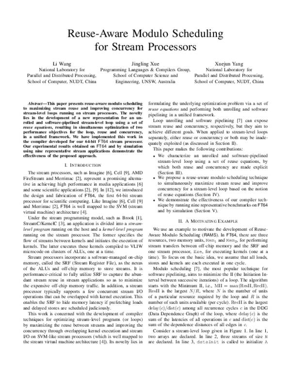 (PDF) Reuse-aware modulo scheduling for stream processors
