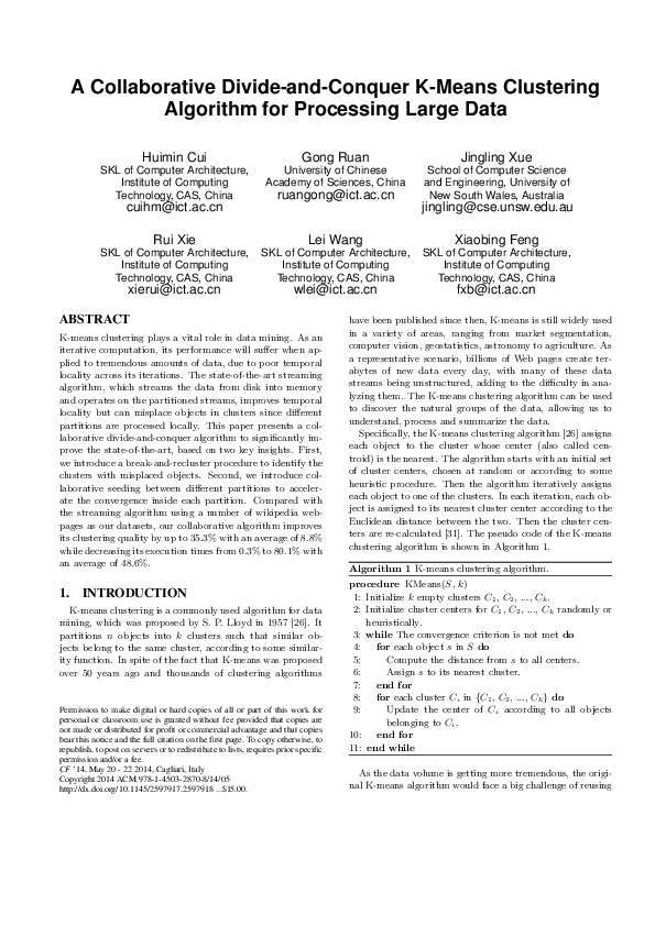 Pdf A Collaborative Divide And Conquer K Means Clustering Algorithm