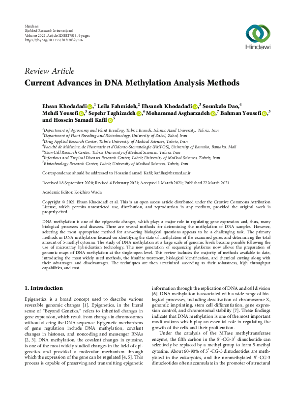 (PDF) Current Advances in DNA Methylation Analysis Methods
