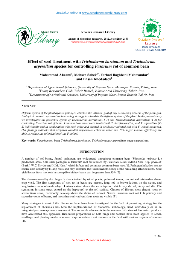 (PDF) Effect of seed Treatment with Trichoderma harzianum and Trichoderma asperellum species for ...
