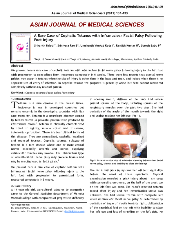 (PDF) A Rare Case of Cephalic Tetanus with Infranuclear Facial Palsy ...