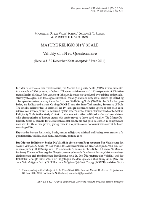 (PDF) Mature Religiosity Scale: Validity of a New Questionnaire
