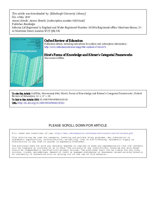 (PDF) Hirst's Forms of Knowledge and Körner's Categorial Frameworks