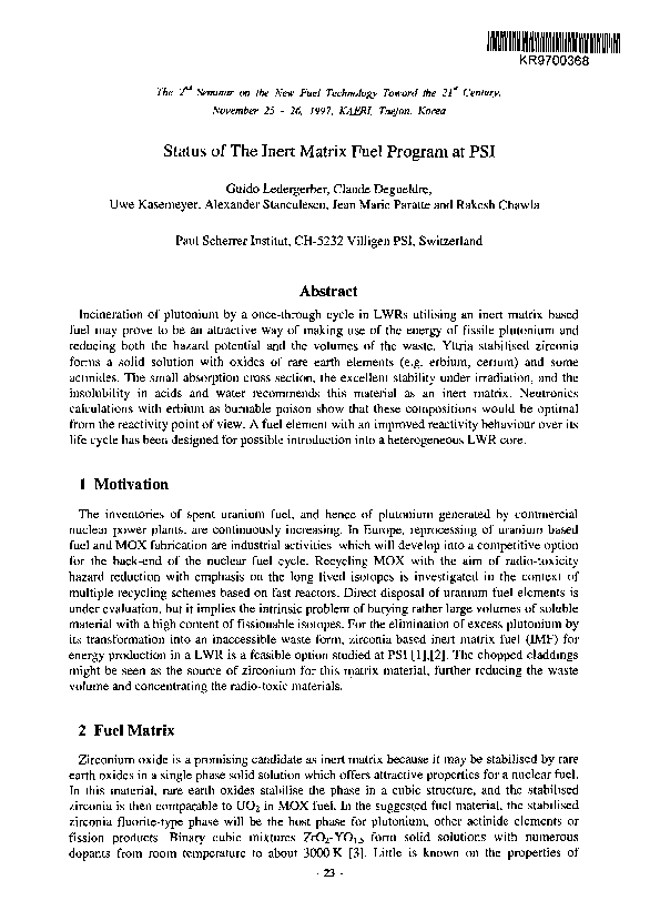 (PDF) Status of The Inert Matrix Fuel Program at PSI