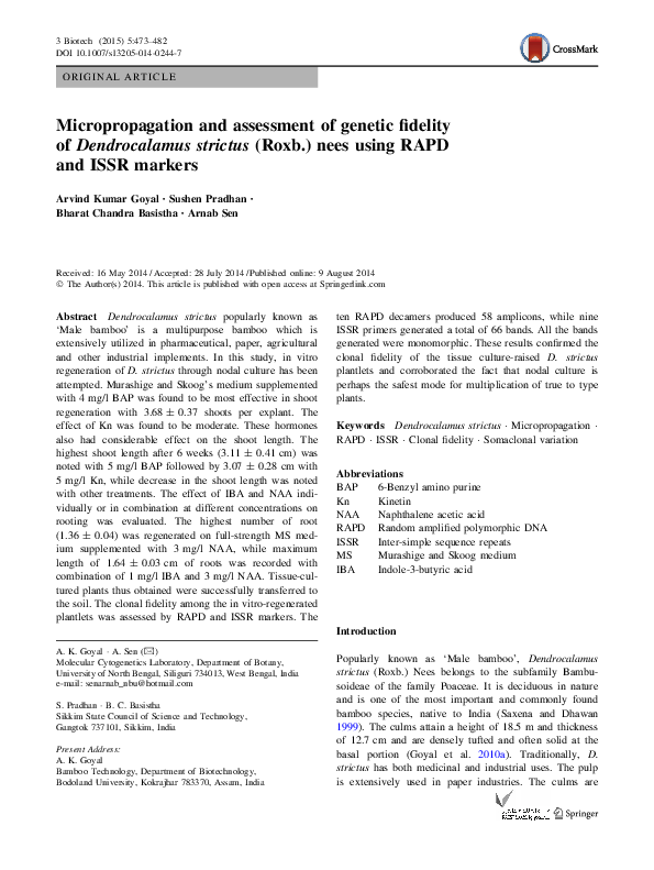 (PDF) Micropropagation and assessment of genetic fidelity of Dendrocalamus strictus (Roxb.) nees ...
