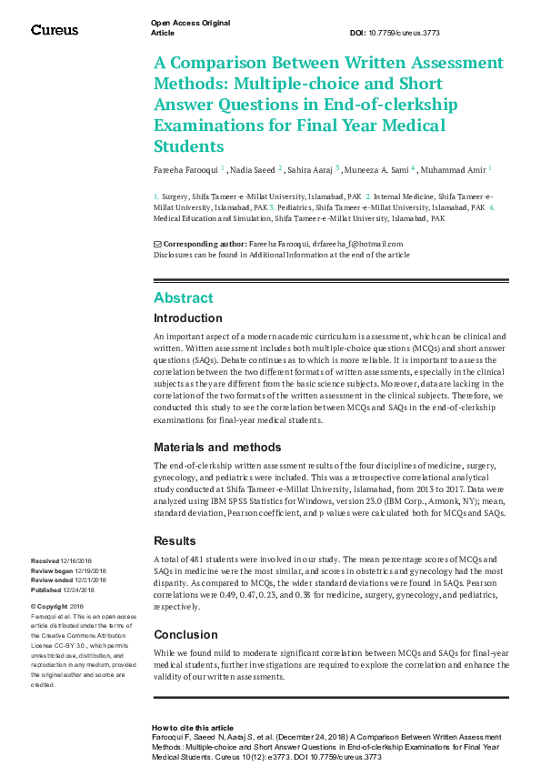 (PDF) A Comparison Between Written Assessment Methods: Multiple-choice and Short Answer ...