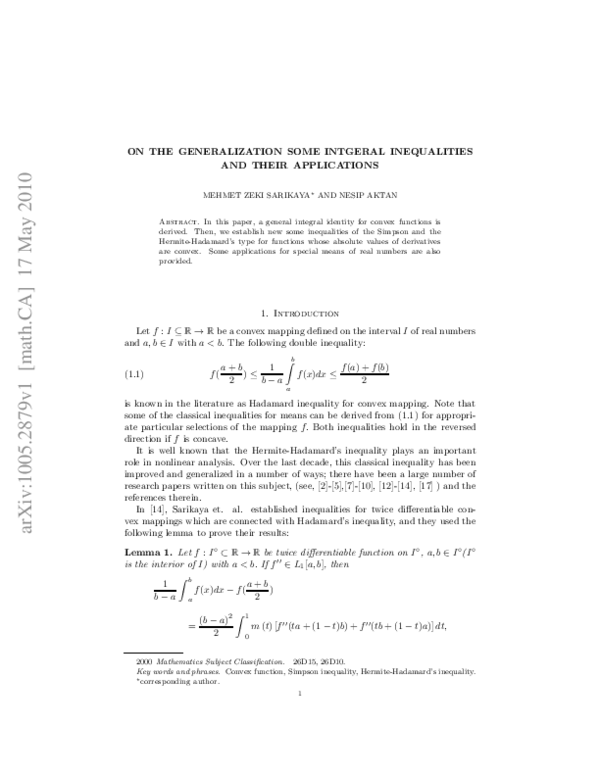 (PDF) On the generalization some intgeral inequalities and their applications