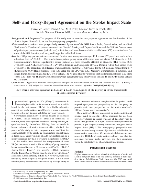 (PDF) Self-and Proxy-Report Agreement on the Stroke Impact Scale