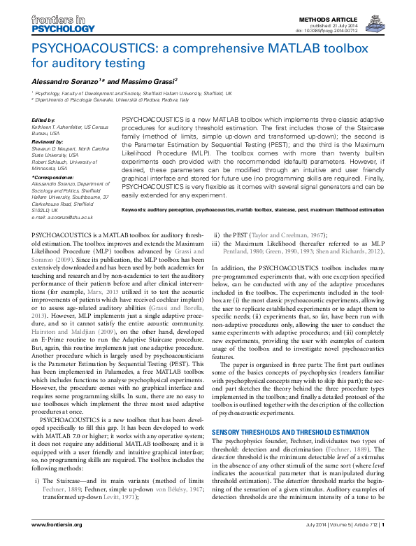 (PDF) PSYCHOACOUSTICS: a comprehensive MATLAB toolbox for auditory testing