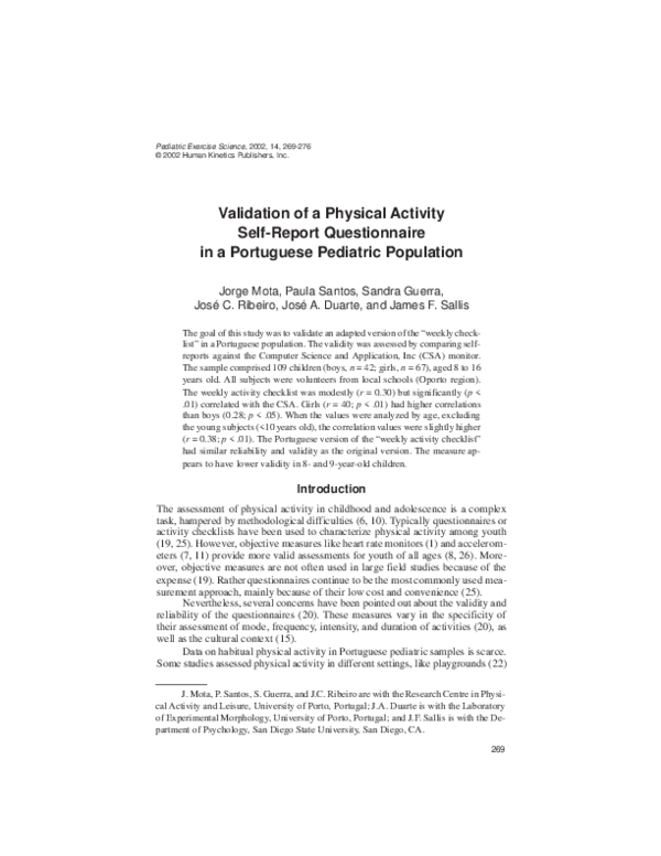 (PDF) Validation of a Physical Activity Self-Report Questionnaire in a ...