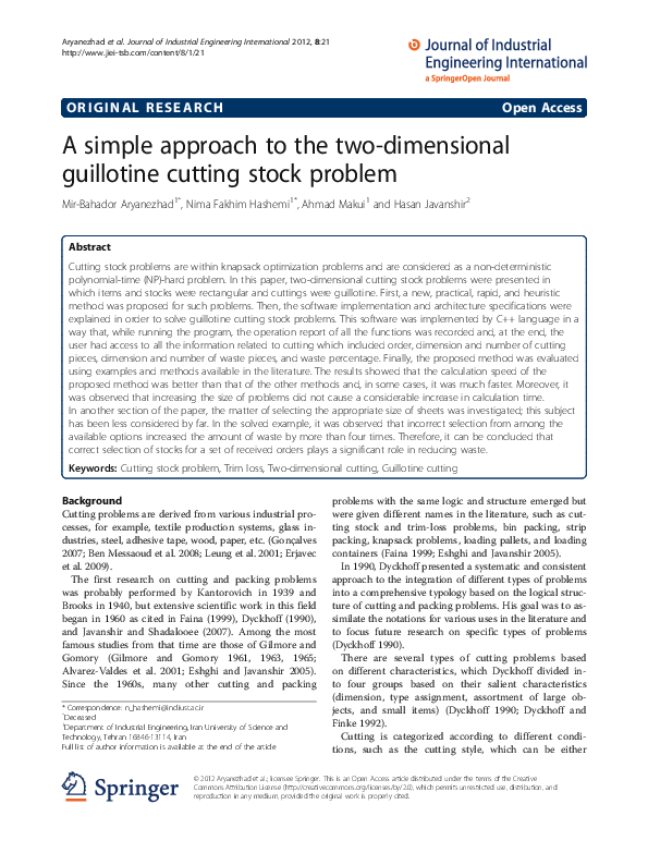 Pdf A Simple Approach To The Two Dimensional Guillotine Cutting Stock Problem