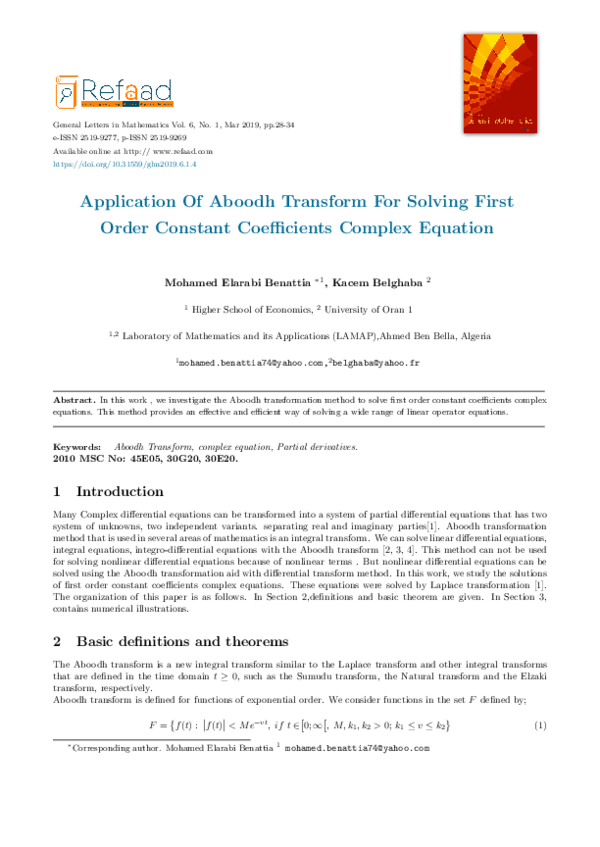 Pdf Application Of Aboodh Transform For Solving First Order Constant Coefficients Complex