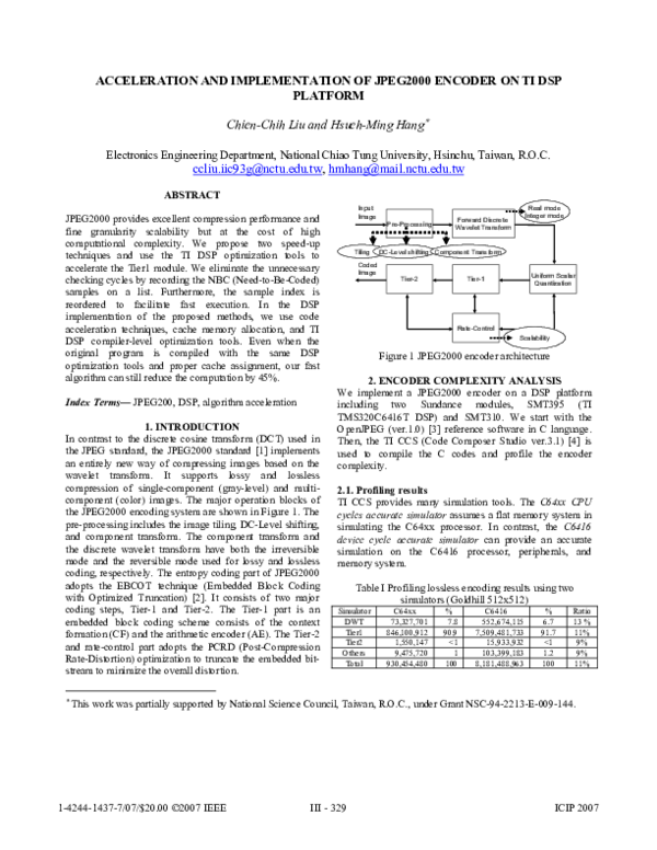 (PDF) Acceleration and Implementation of JPEG2000 Encoder on TI DSP Platform