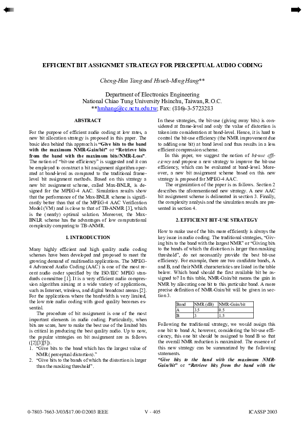 (PDF) Efficient bit assignment strategy for perceptual audio coding