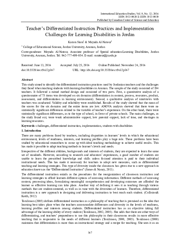 (PDF) Teacher’s Differentiated Instruction Practices and Implementation Challenges for Learning ...