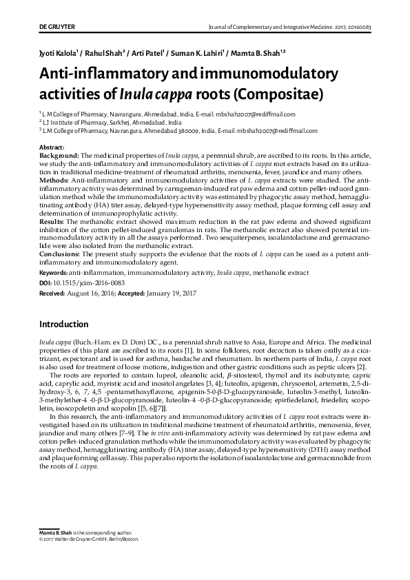 (PDF) Anti-inflammatory and immunomodulatory activities of Inula cappa ...