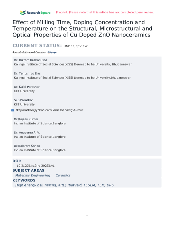 (PDF) Effect of Milling Time, Doping Concentration and Temperature on the Structural ...