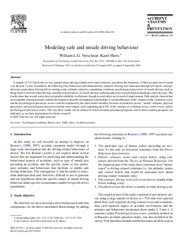 (PDF) Modeling safe and unsafe driving behaviour