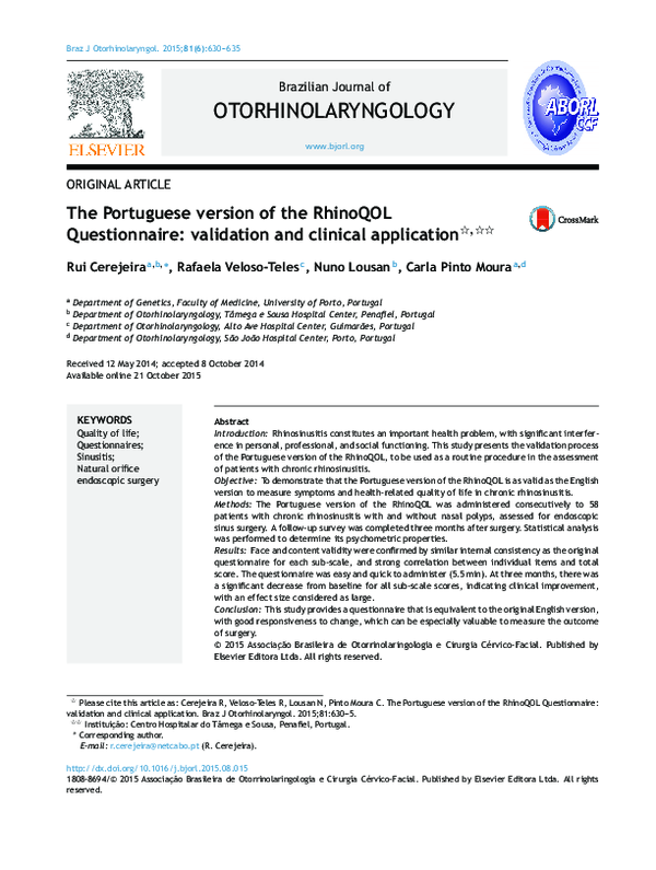 (PDF) The Portuguese version of the RhinoQOL Questionnaire: validation ...