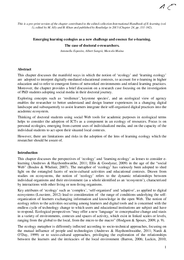 (PDF) Learning ecologies as new challenge and essence of e-learning. The case of PhD e-researchers
