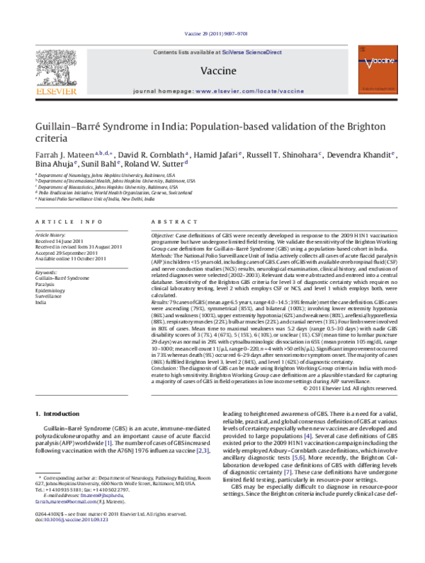 (PDF) Guillain-Barré Syndrome in India: population-based validation of ...