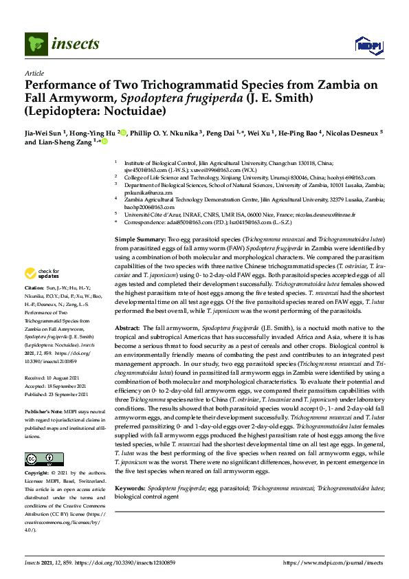 (PDF) Performance of Two Trichogrammatid Species from Zambia on Fall ...
